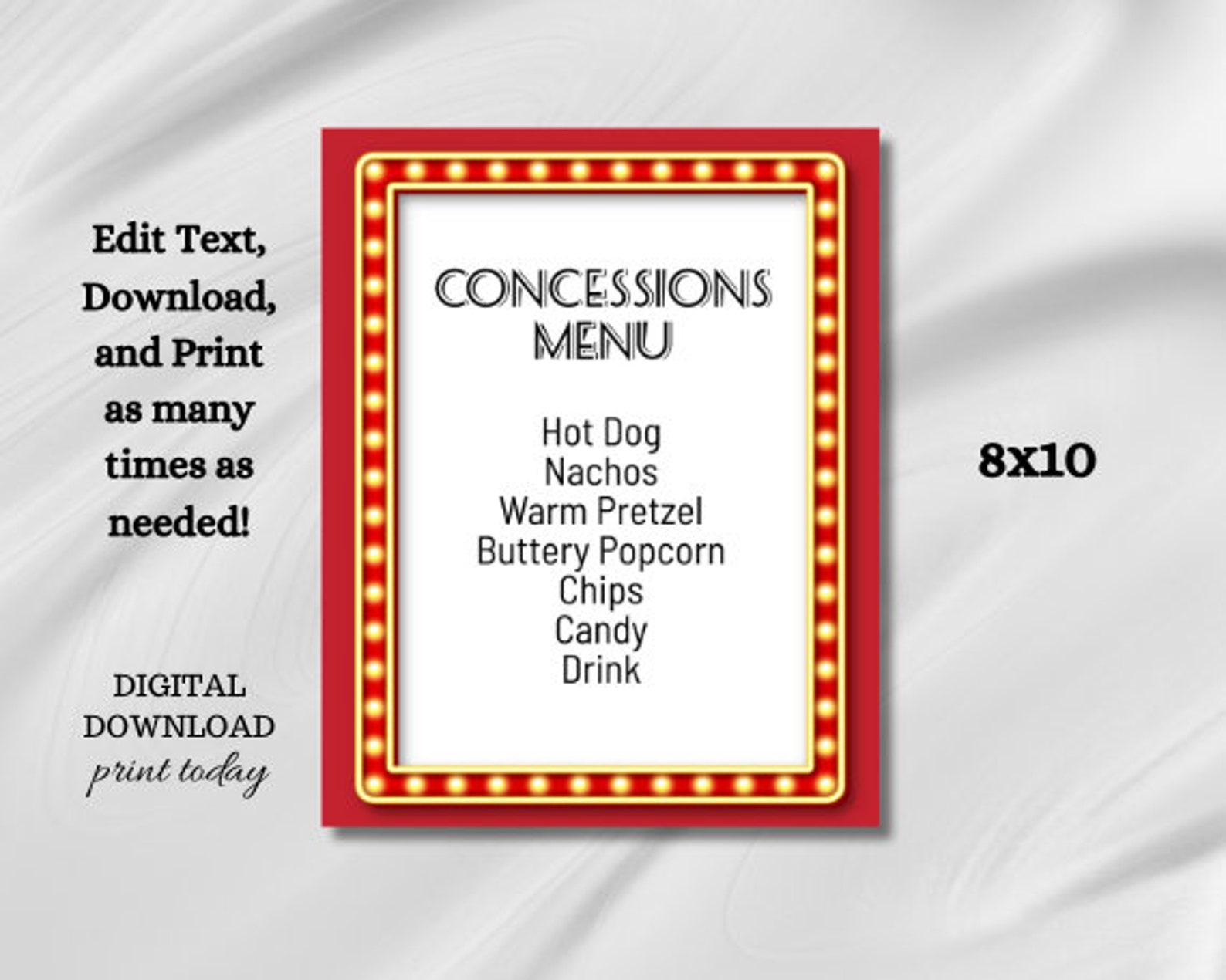 Movie Concessions Sign, Concessions Menu Template, Movie Night Birthday ...