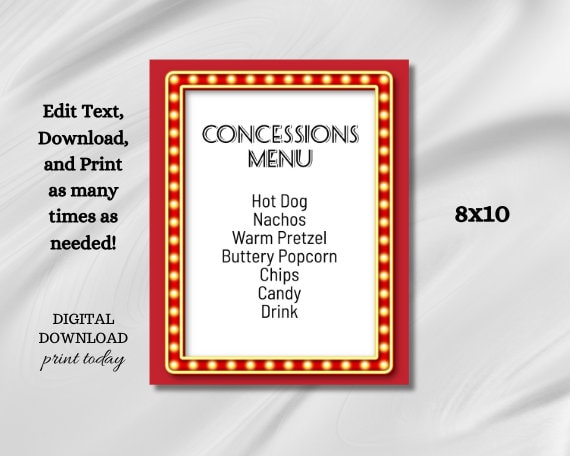 Movie Night Concessions Menu Sign Template (digital Download) - Etsy