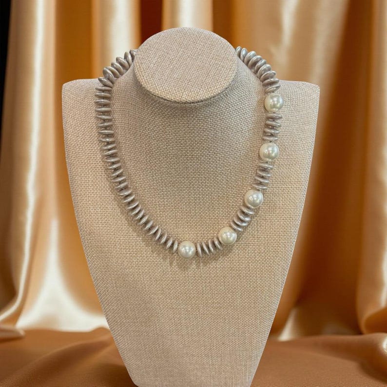 Gray Mother of Pearl & Pearl Accent Necklace – 18" Hand-knotted ...