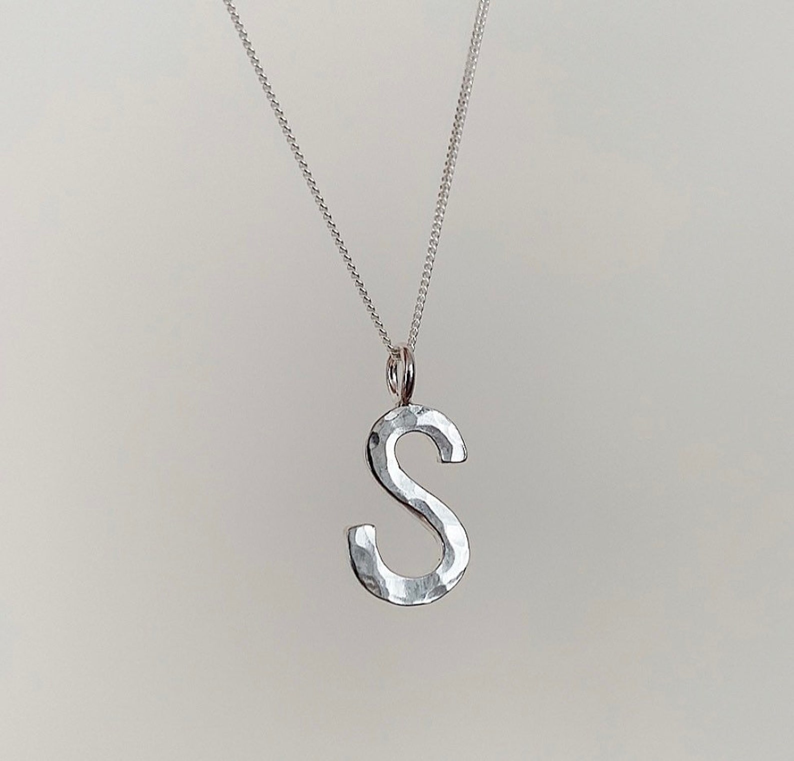 Silver Letter S Necklace - Sterling Silver Initial Charm - Hammered ...