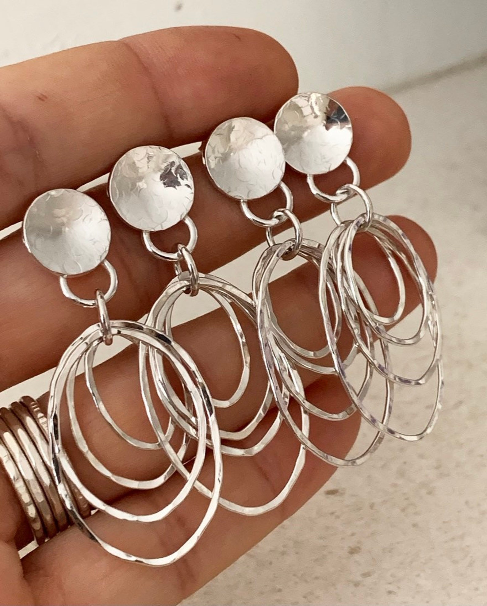 Silver Oval Drop Earrings - Hammered Solid Sterling Silver - Sparkly ...