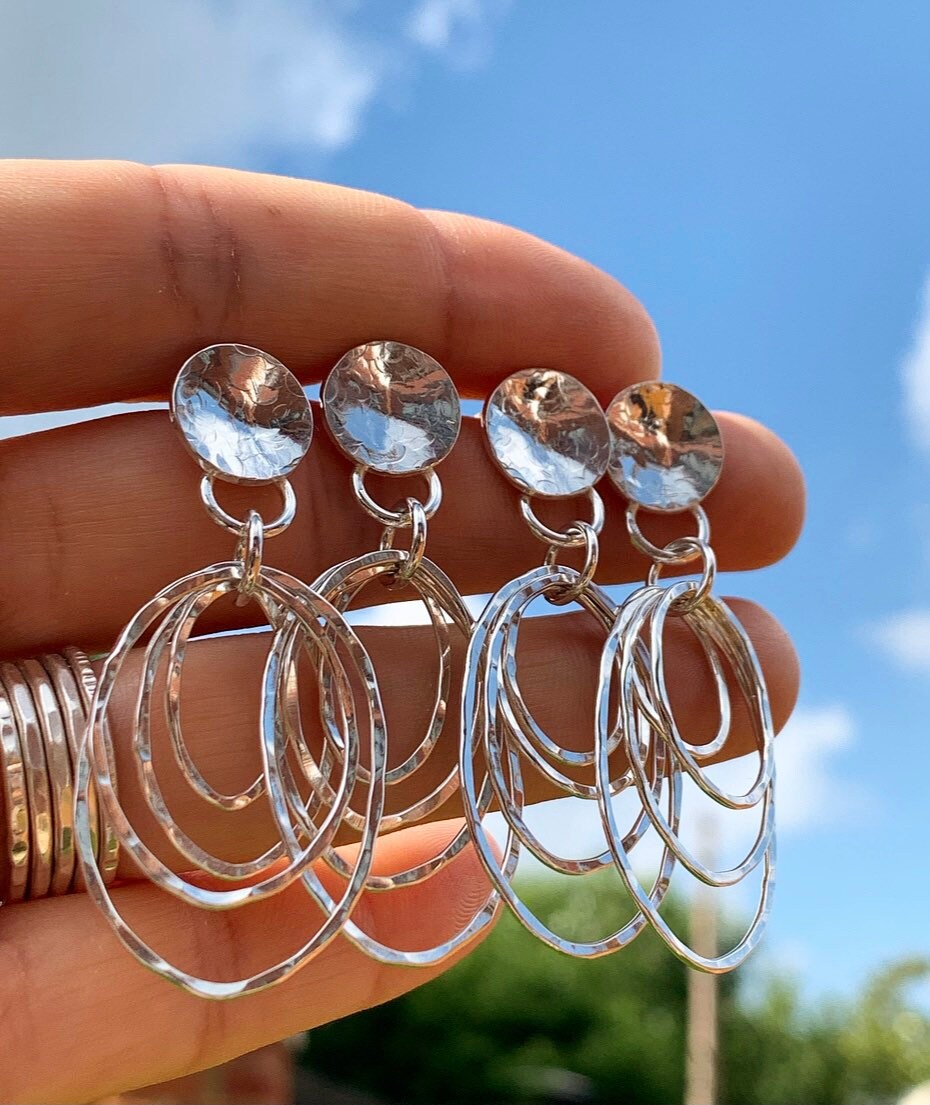 Silver Oval Drop Earrings - Hammered Solid Sterling Silver - Sparkly ...