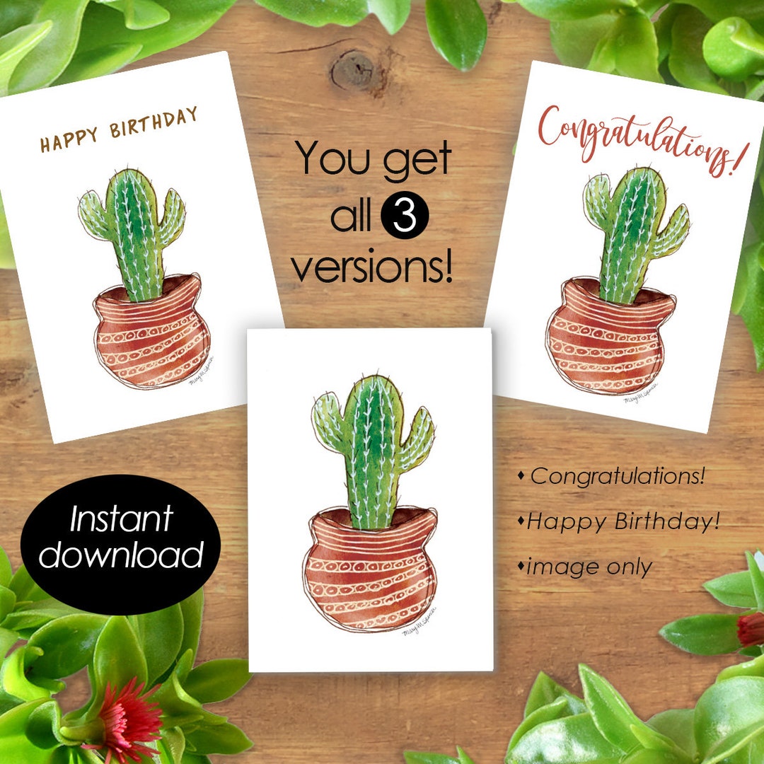 Printable Sugauro Cactus in Pot Printable Greeting Card Pack, Birthday ...