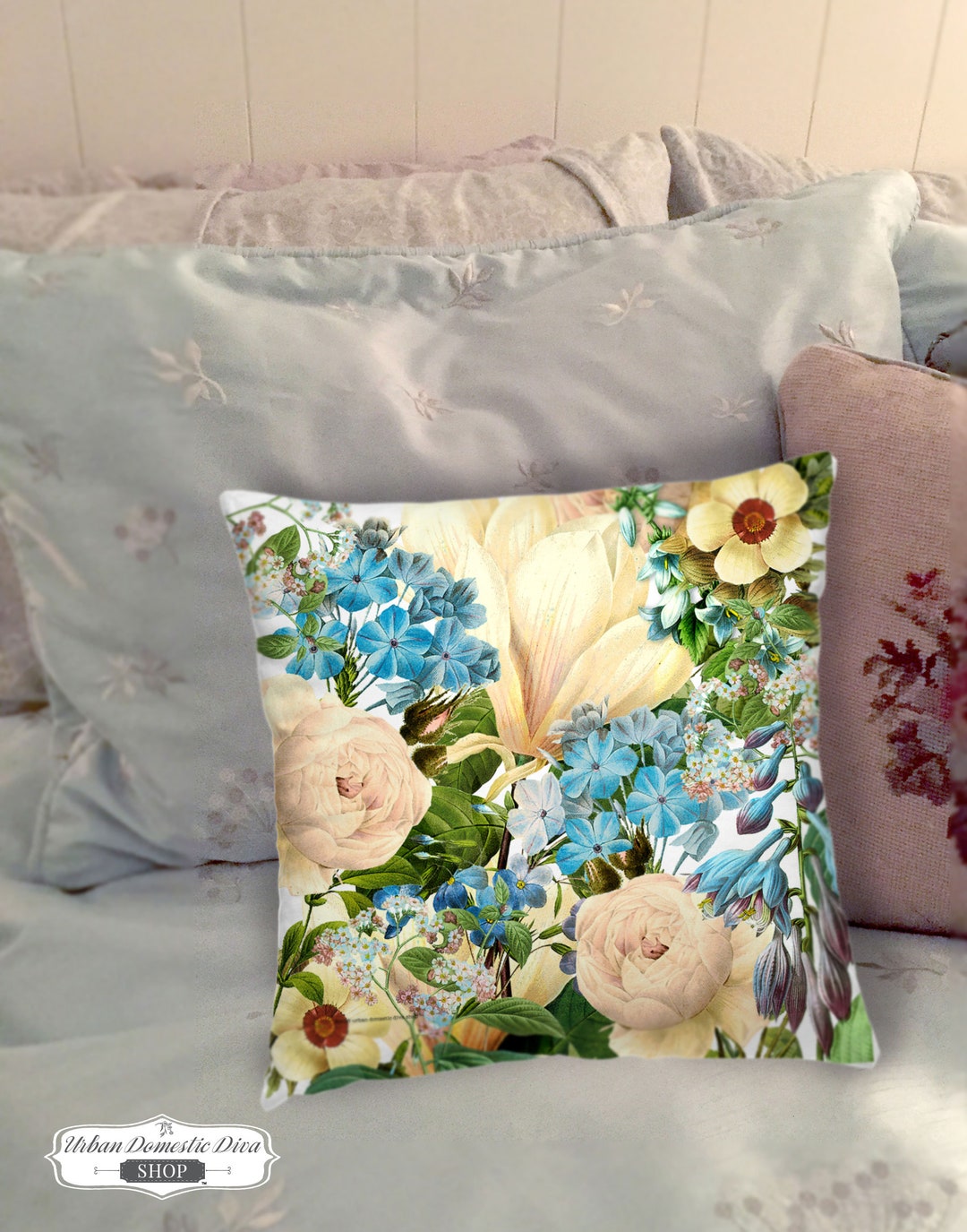 Blue Floral Throw Pillows, White Roses Floral Print 16x16 20x20 Vintage ...