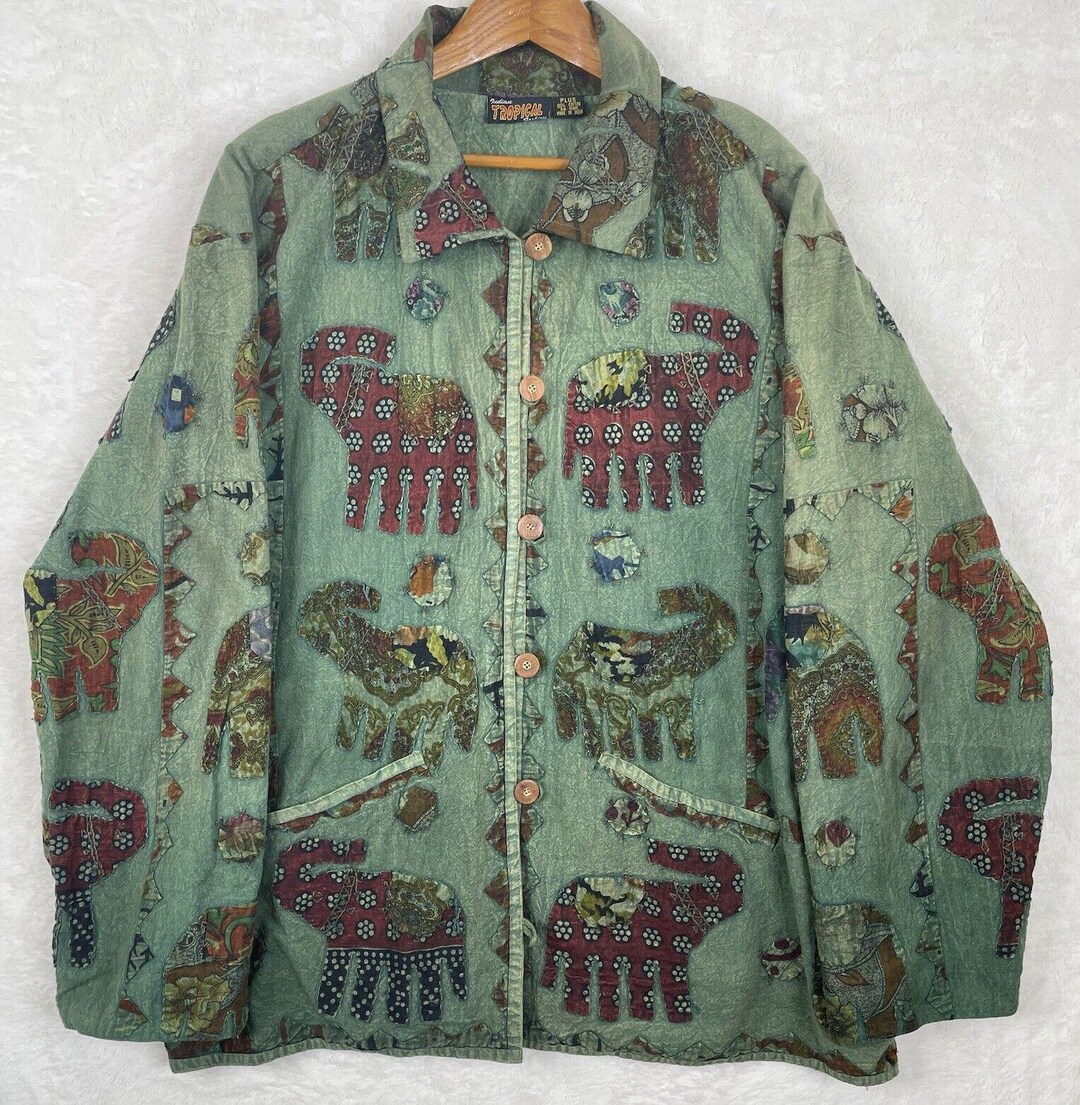 Vintage Safari Animals Jacket Womens Plus Sz Green Patchwork Appliqué ...