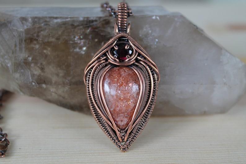 Sunstone and Garnet Copper Wore Wrapped Pendant - Crystal Wire Wrap - Etsy