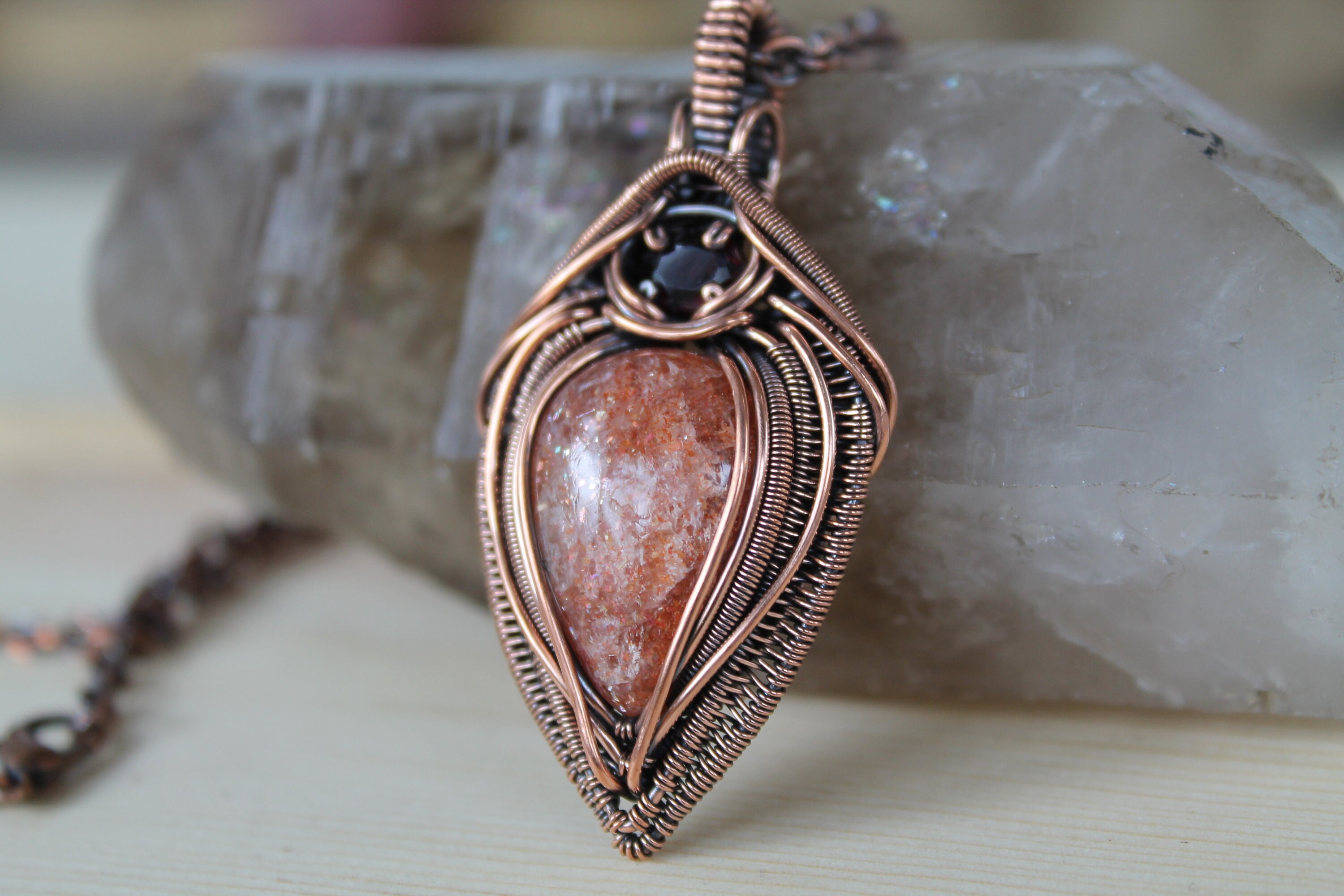 Sunstone and Garnet Copper Wore Wrapped Pendant - Crystal Wire Wrap - Etsy