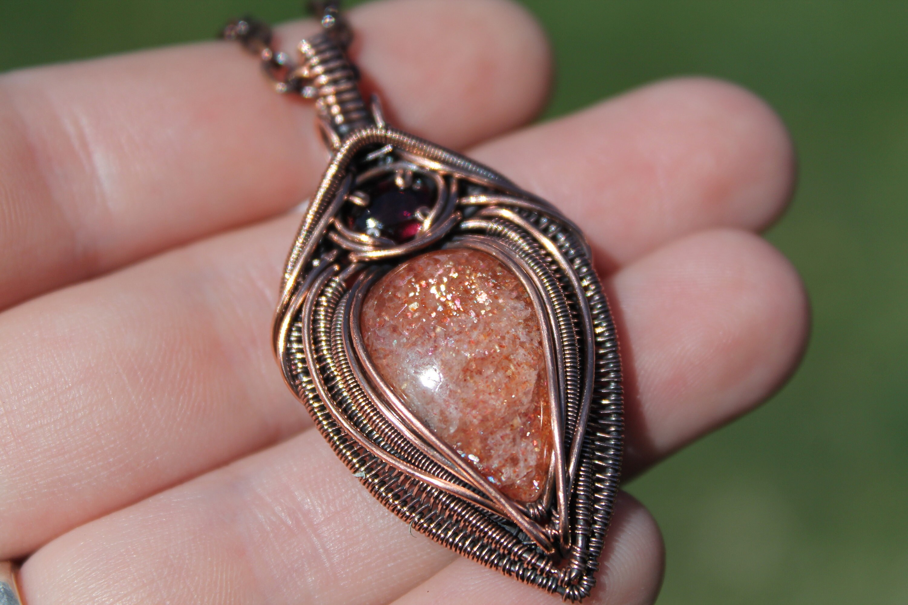 Sunstone and Garnet Copper Wore Wrapped Pendant - Crystal Wire Wrap - Etsy
