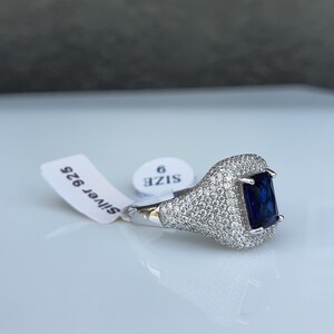 Blue Stone Ring, Rectangular Ring, Silver Solid, Emerald Cut, Diamond ...