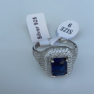 Blue Stone Ring, Rectangular Ring, Silver Solid, Emerald Cut, Diamond ...