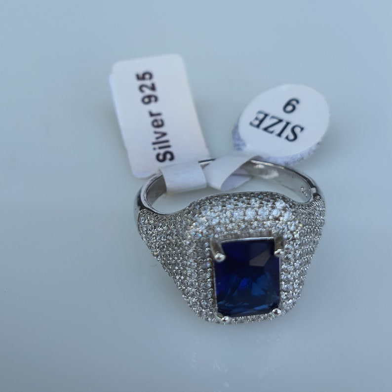 Blue Stone Ring, Rectangular Ring, Silver Solid, Emerald Cut, Diamond ...