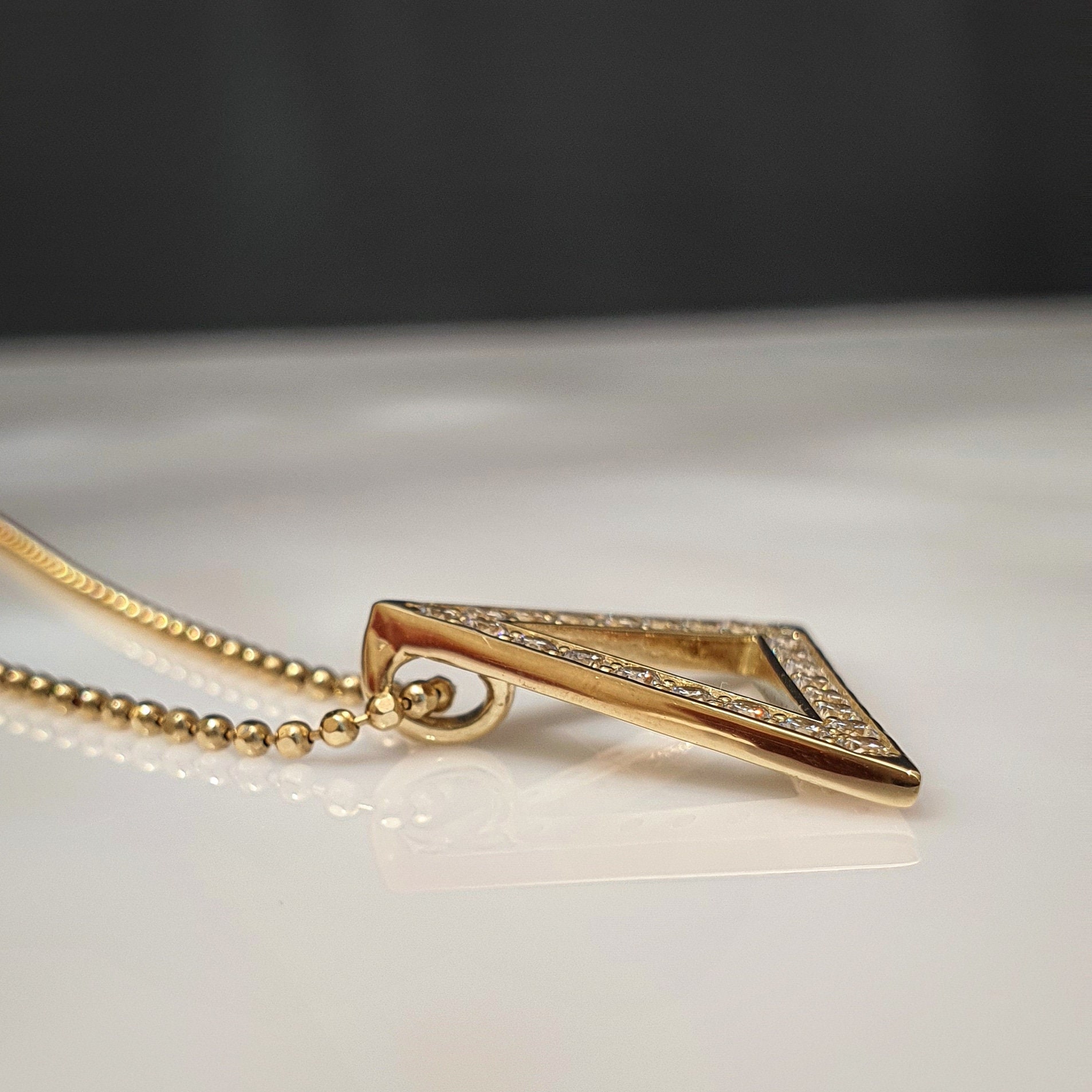 14K Solid Gold Triangle Necklace: Paved Zircon Geometric Pendant - Etsy