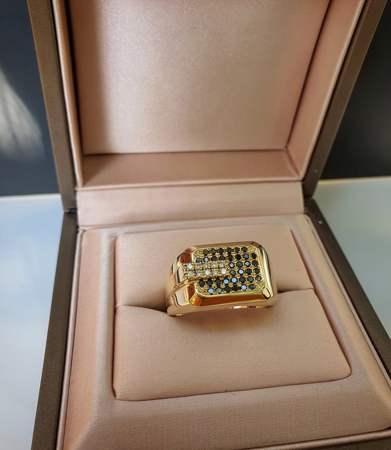 Full Solid Gold Ring 22g, 100% Natural Diamond Black&white, Heavy Gold ...