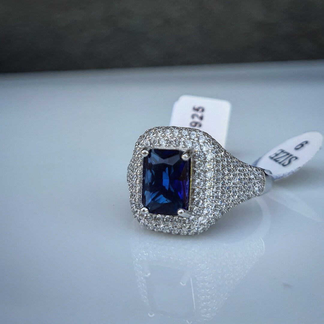 Blue Stone Ring, Rectangular Ring, Silver Solid, Emerald Cut, Diamond ...