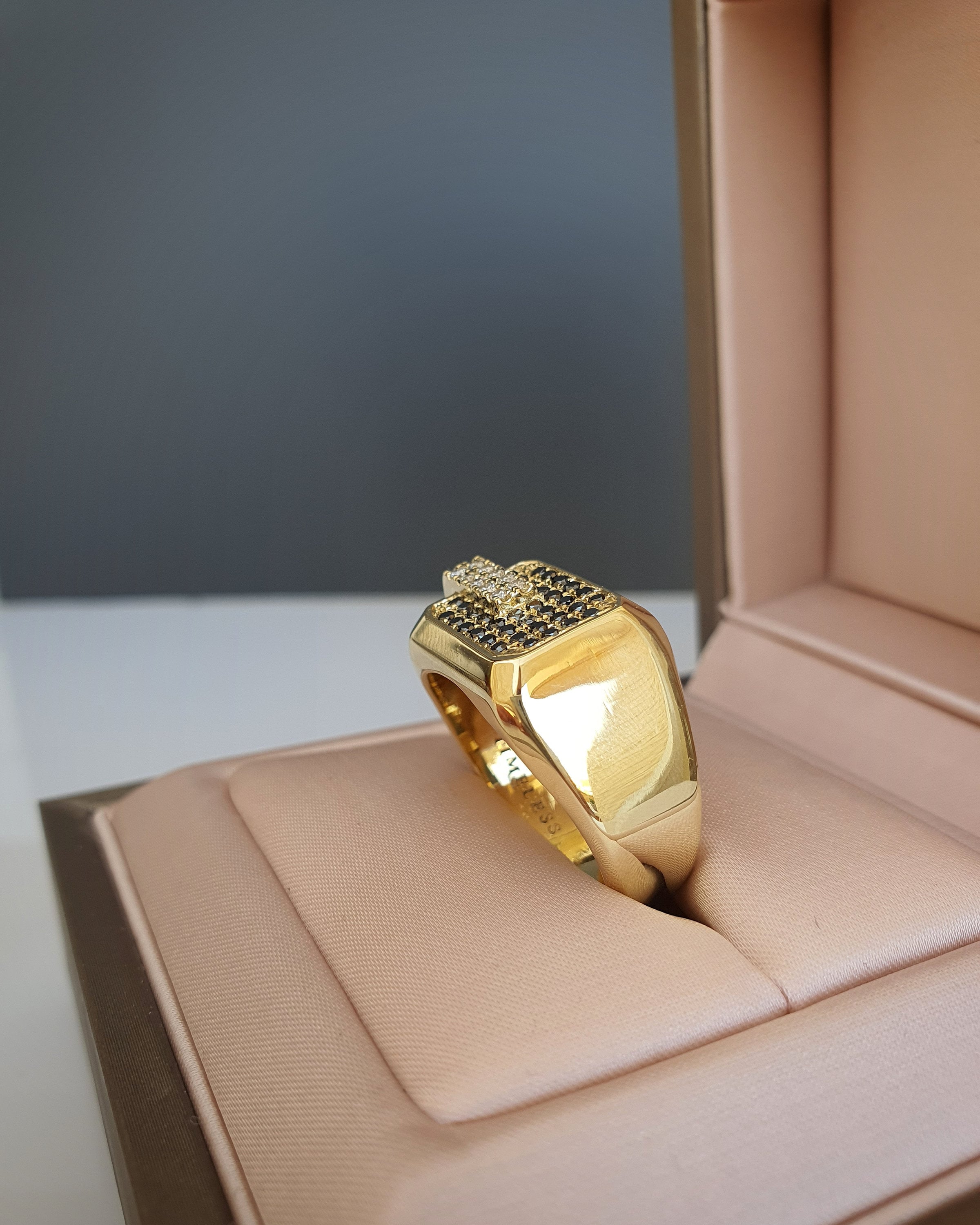 Full Solid Gold Ring 22g, 100% Natural Diamond Black&white, Heavy Gold ...