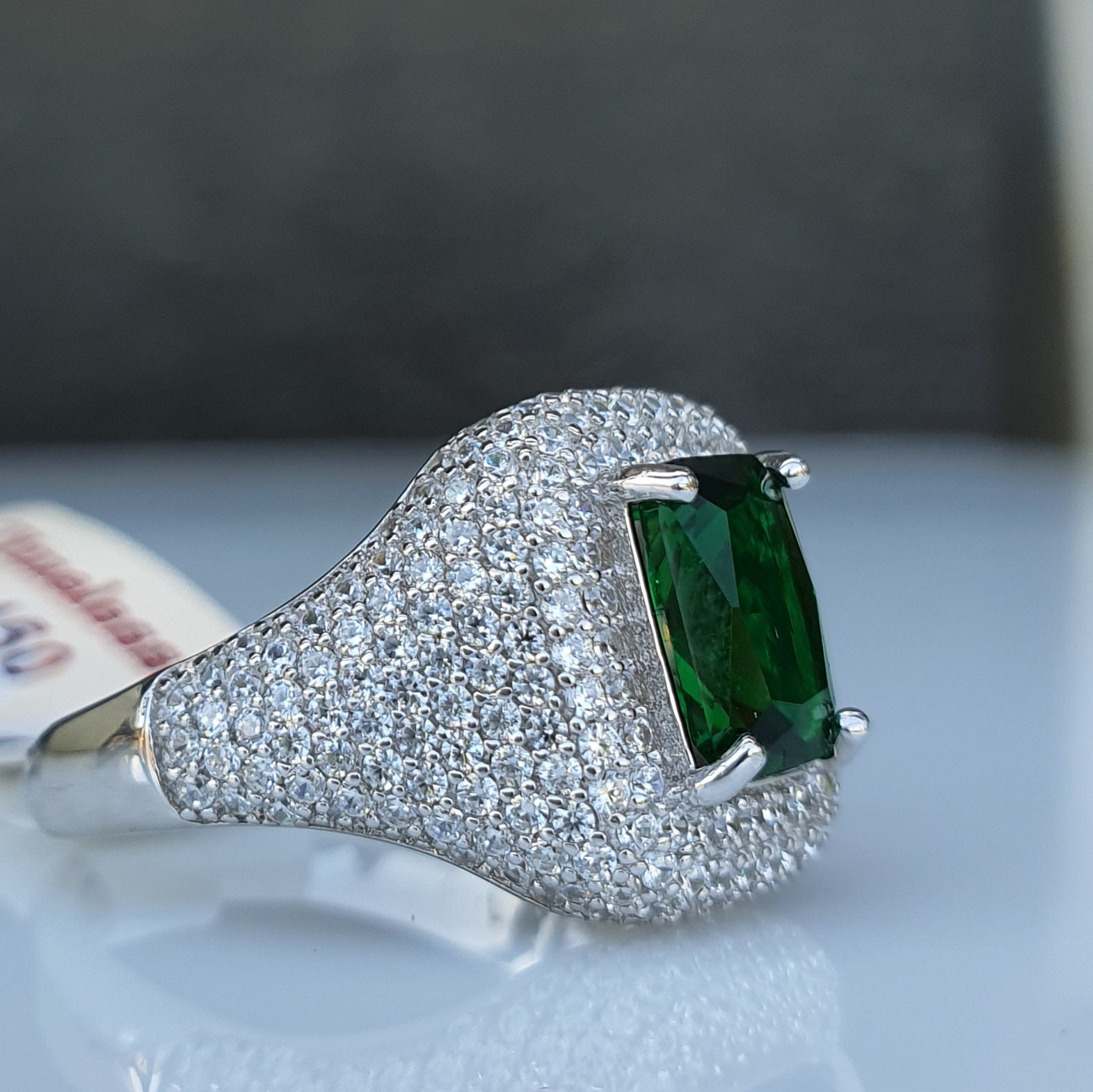 Green Emerald Cut Stone Ring Rectangular Ring Silver Solid - Etsy