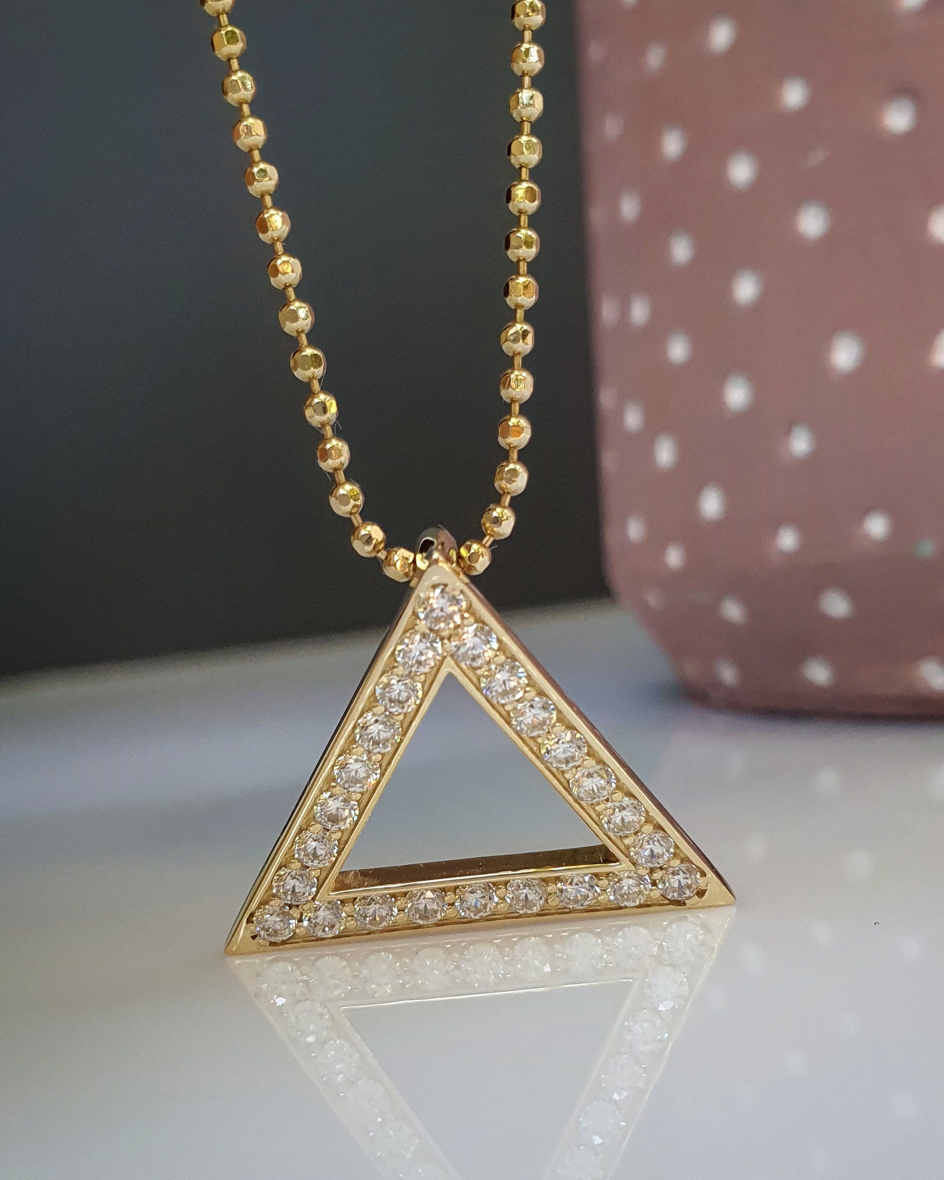 14K Solid Gold Triangle Necklace: Paved Zircon Geometric Pendant - Etsy