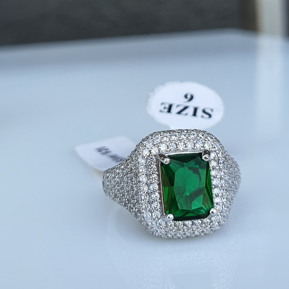 Green Emerald Cut Stone Ring Rectangular Ring Silver Solid - Etsy