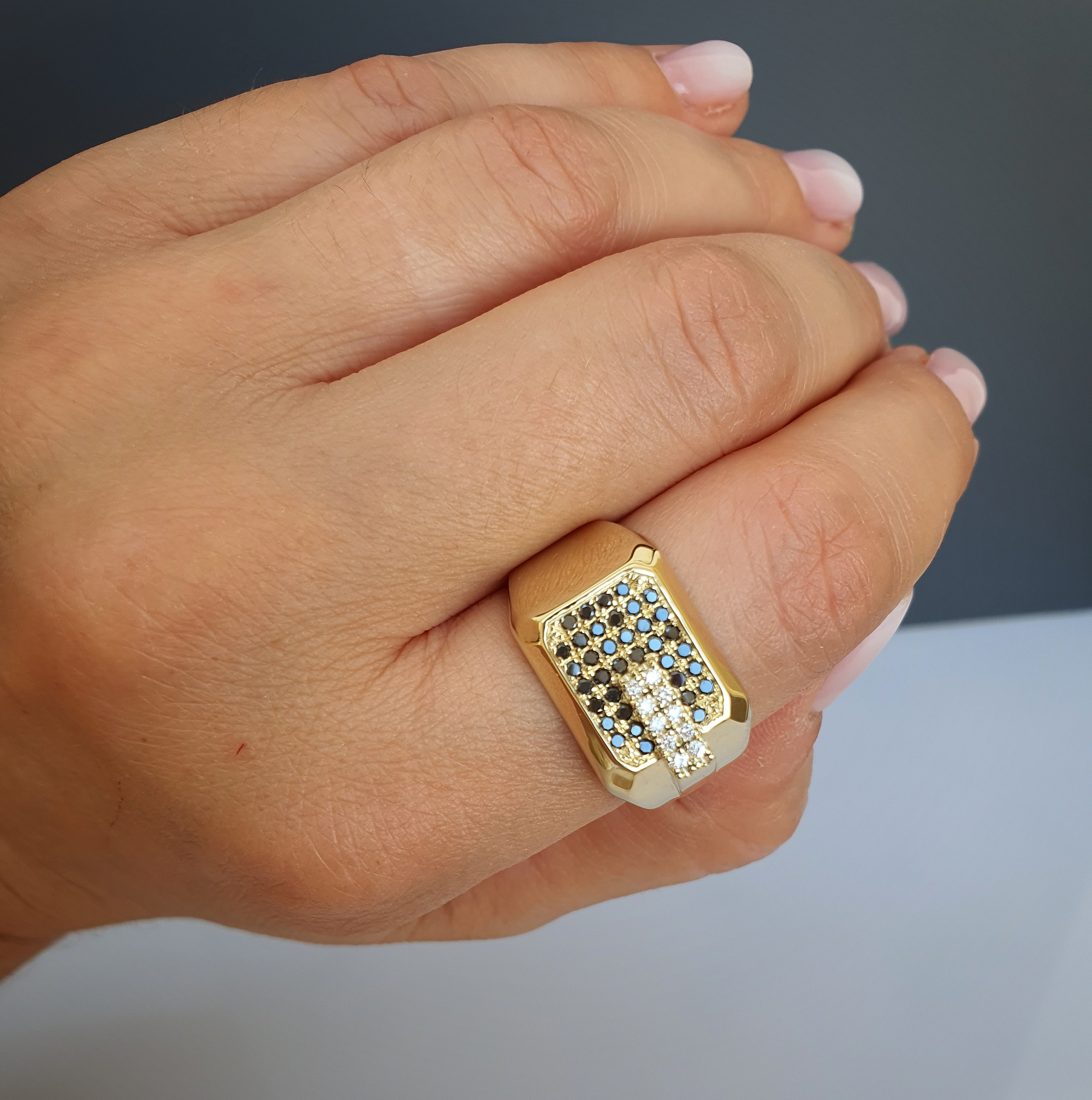 Full Solid Gold Ring 22g, 100% Natural Diamond Black&white, Heavy Gold ...