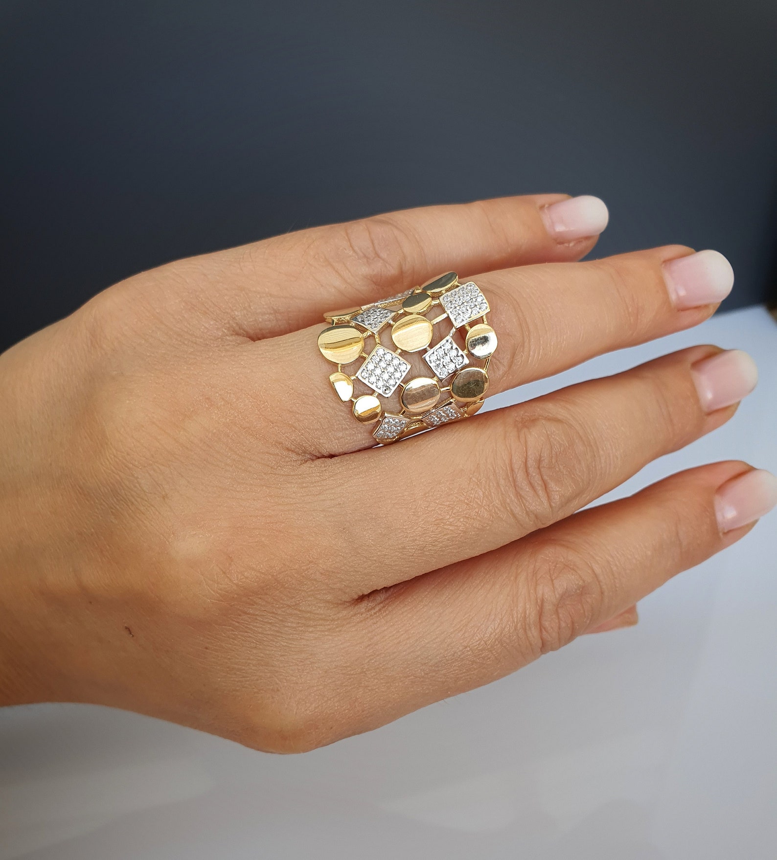 Wide Women Gold Ring, Simple Big Ring, Gold Cocktail Ring, Statement ...