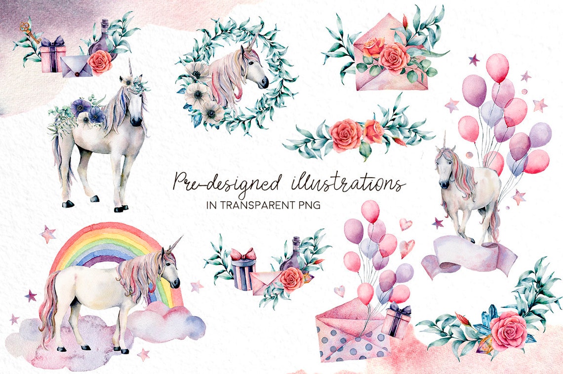 Watercolor Unicorn Clipart. Rainbow Unicorn Clipart. Air | Etsy