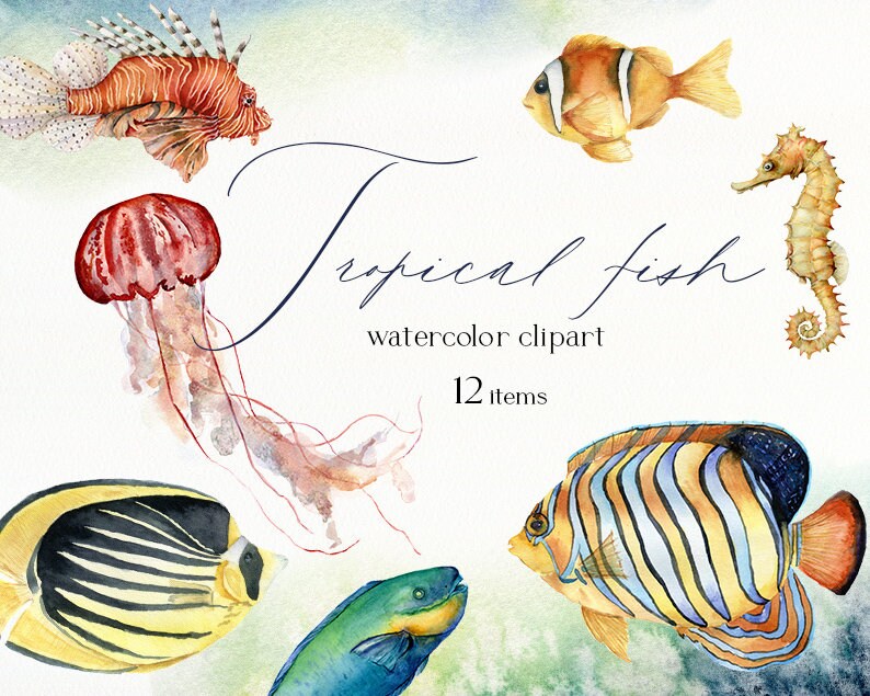 Watercolor tropical fish clipart. Sea ocean life clipart. | Etsy