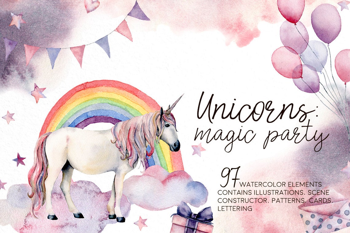 Watercolor Unicorn Clipart. Rainbow Unicorn Clipart. Air | Etsy