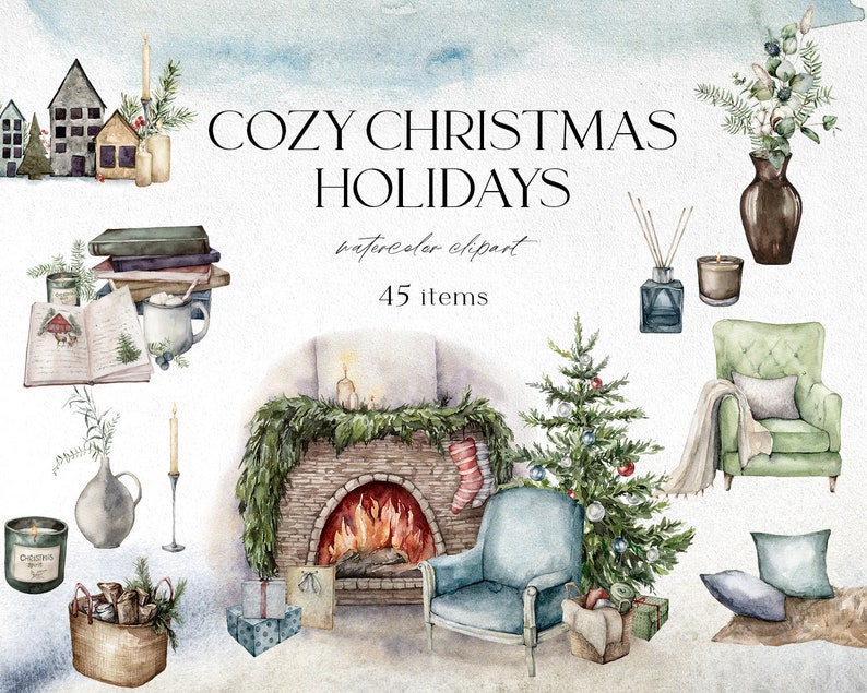 Watercolor cozy Christmas winter clipart. Christmas at home | Etsy