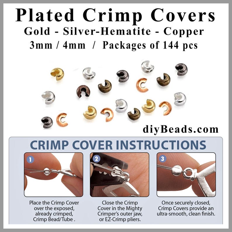 Crimp Covers 3mm or 4mm - Plated Gold, Silver, Hematite, Copper, 144 ...