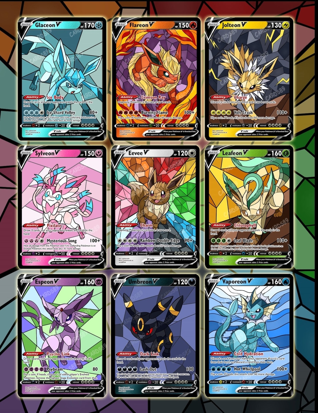 9x Karten SET Eevee Stained Glass Evolutions V Custom Pokemon Cards - Etsy