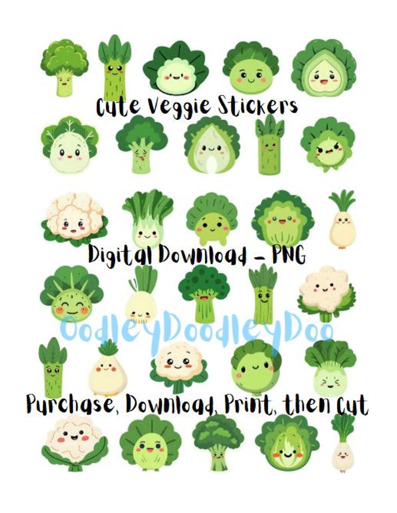 Digital Cute Veggie Printable Sticker Downloadable Sheet of 30 Stickers ...