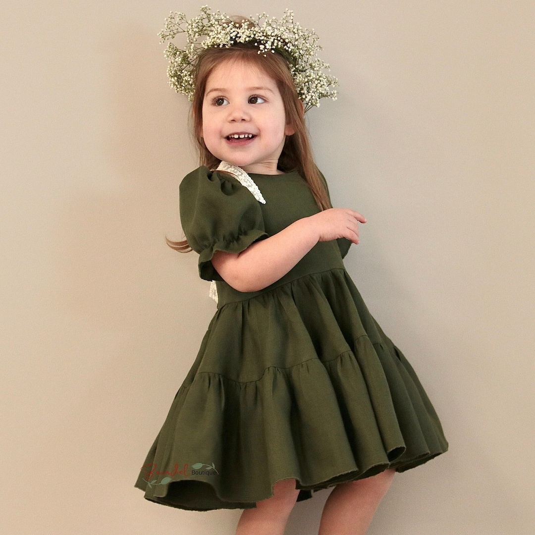 Sage Green Flower Girl Linen Dress, Green Bridesmaid Dress, Army Green ...