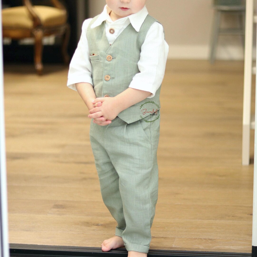 Pageboy Linen Pants Suit, Ring Bearer Beach Wedding Boy Pants, Sage ...