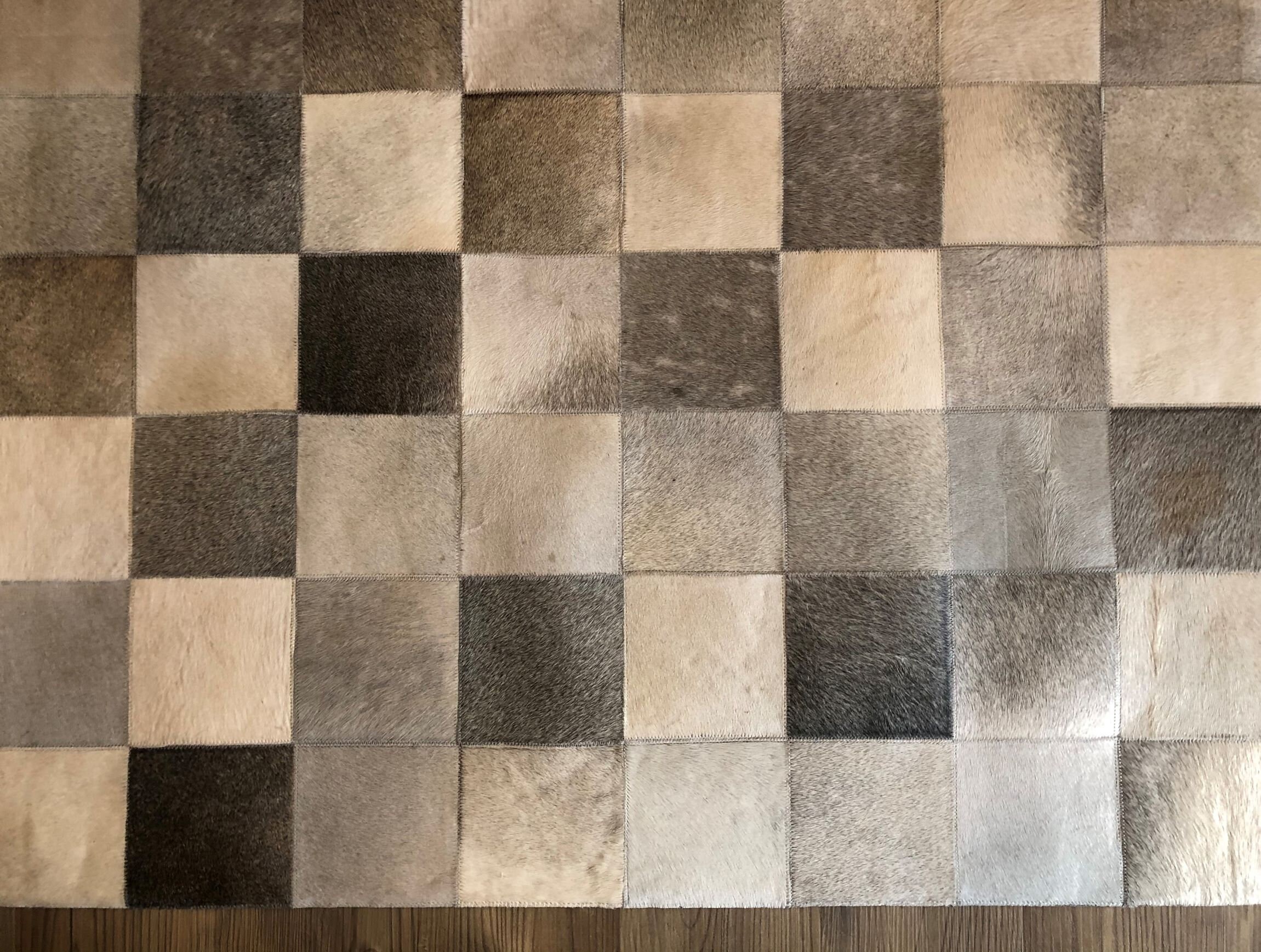 Grey : Hand Patched and Hand Stitched Cowhide Rug, Squares - Etsy
