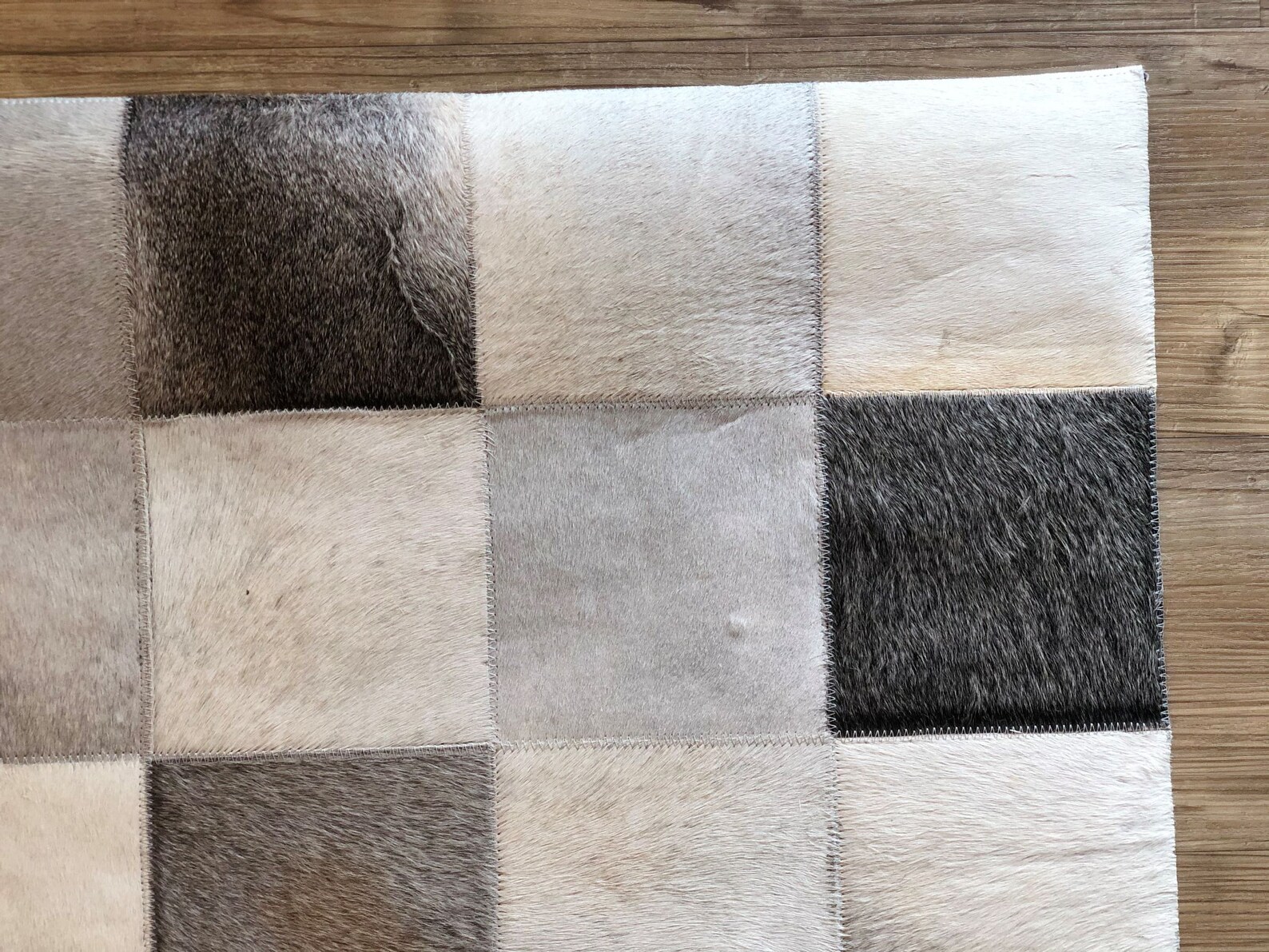 Grey : Hand Patched and Hand Stitched Cowhide Rug, Squares - Etsy