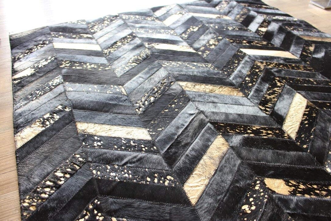 Black & Gold : Hand Patched and Hand Stitched Cowhide Rug - Herringbone ...