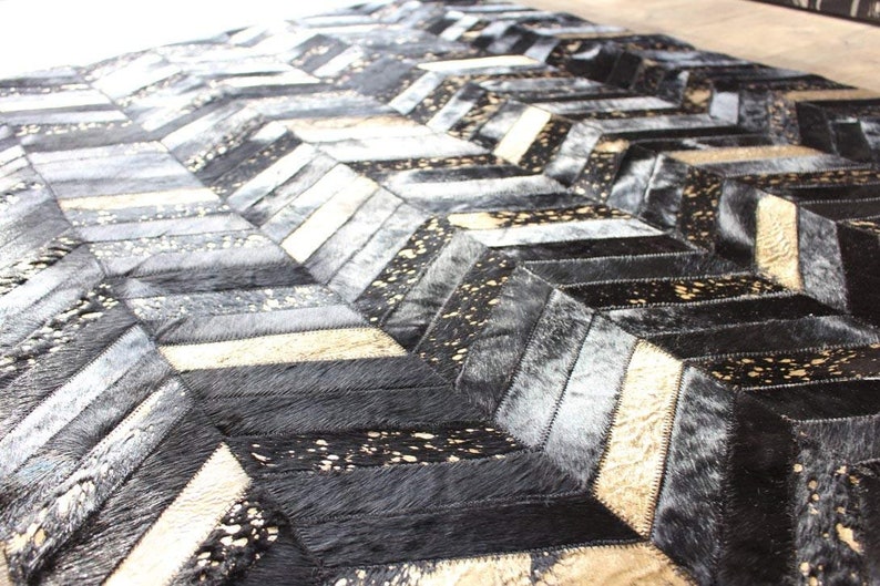 Black & Gold : Hand Patched and Hand Stitched Cowhide Rug - Herringbone ...