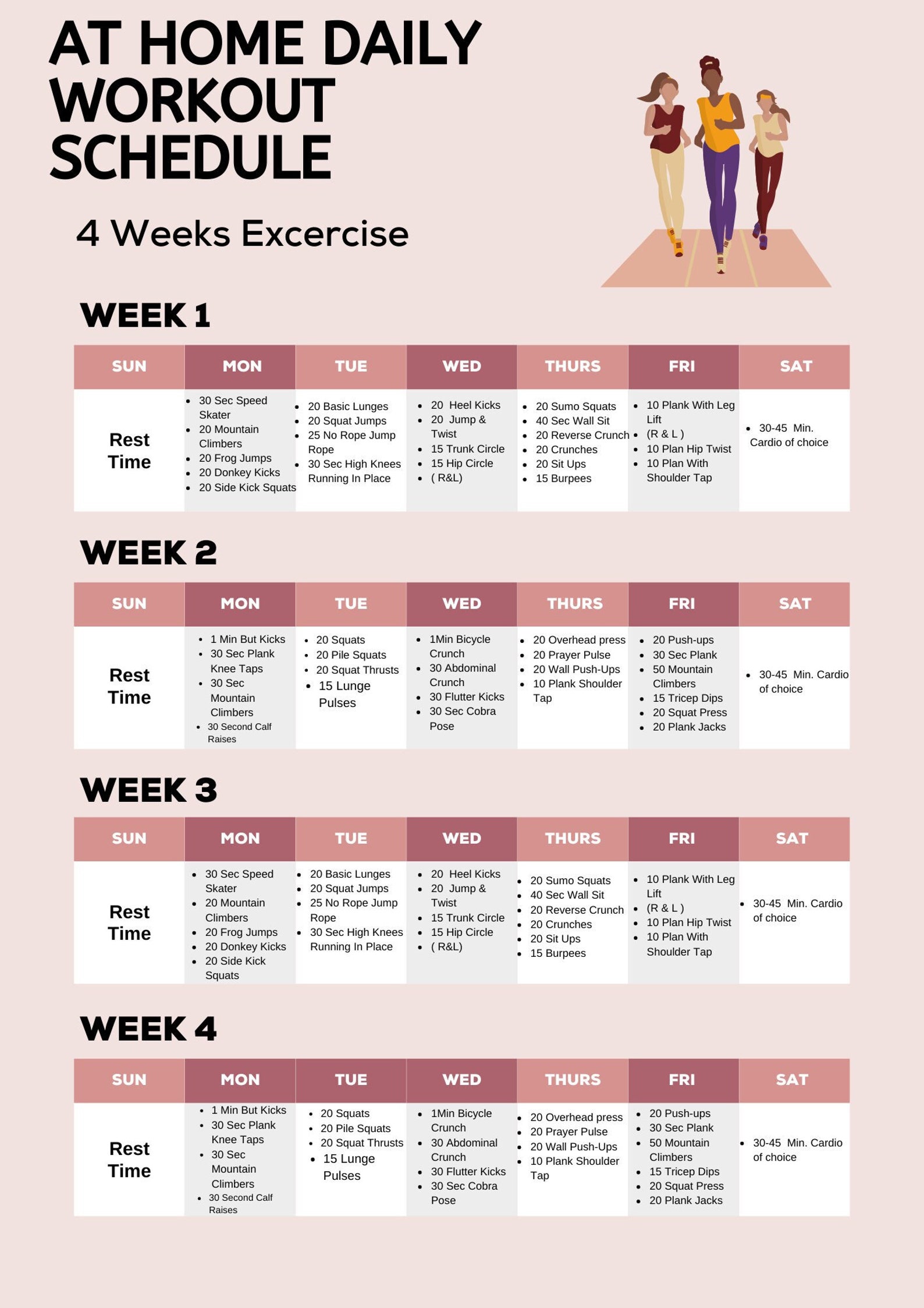 4 Week Home Daily Workout Schedule - Etsy