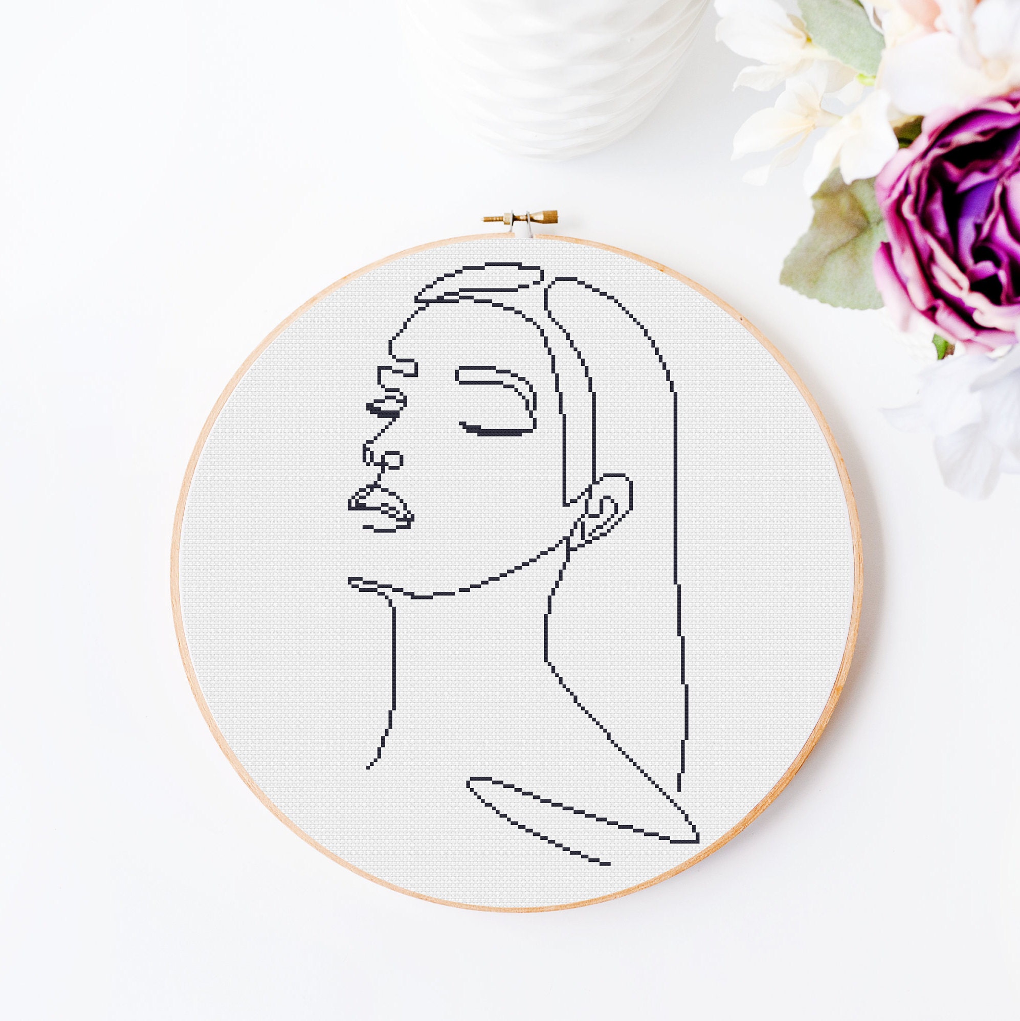 Line Art Face Cross Stitch PDF Pattern Female Form Digital - Etsy