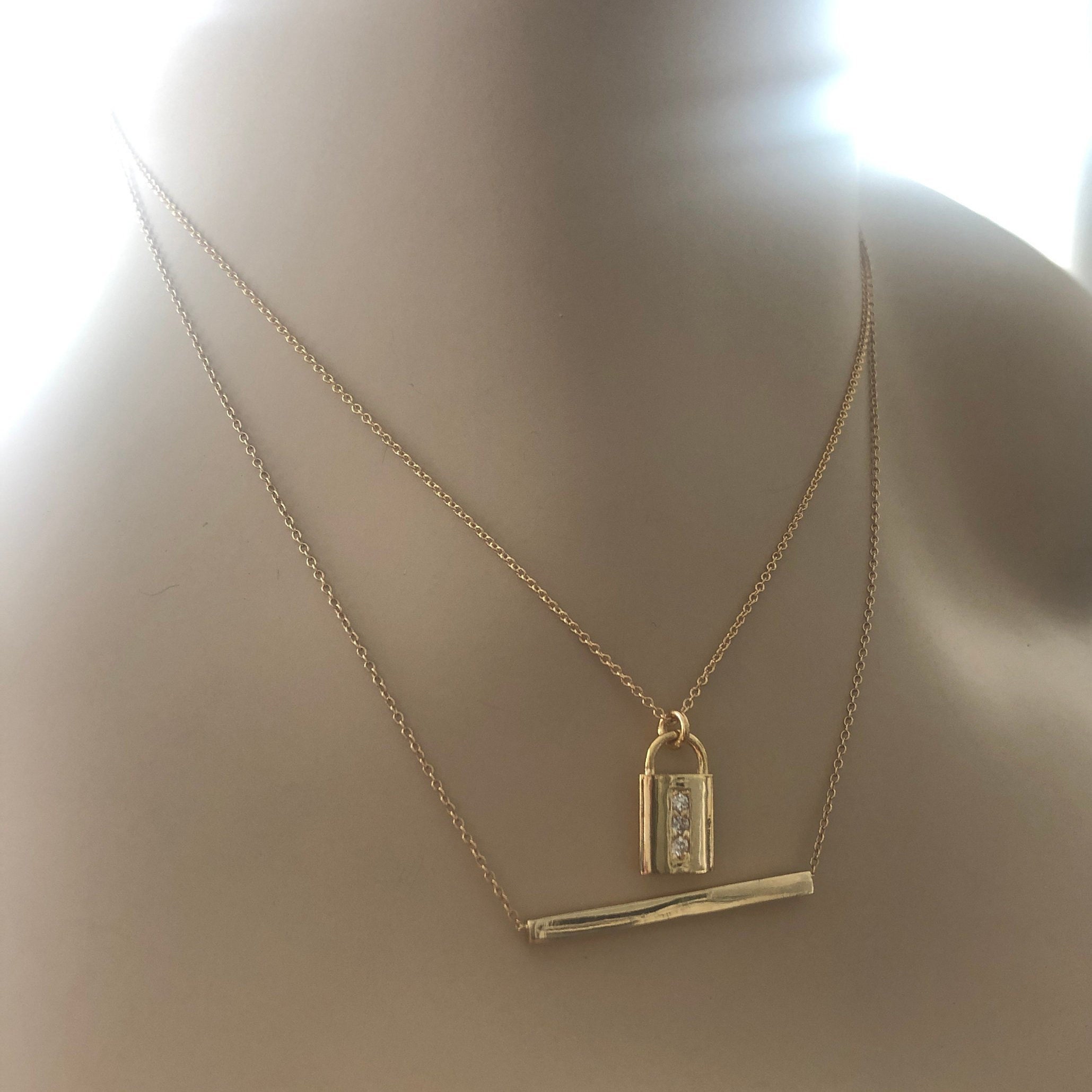 Lock Necklace in 14K Solid Gold Lock Pendant With Pave Set - Etsy