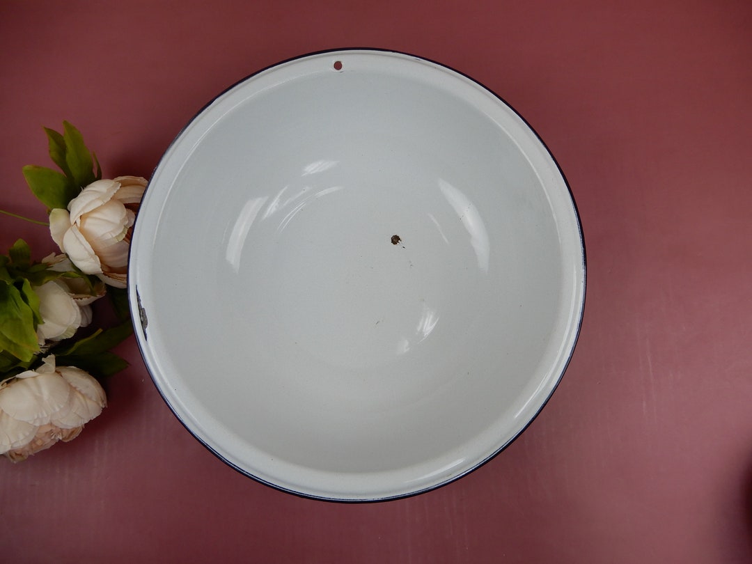 Enamelware Wash Basin Farmhouse Decor White With Black Rim and Hole for ...