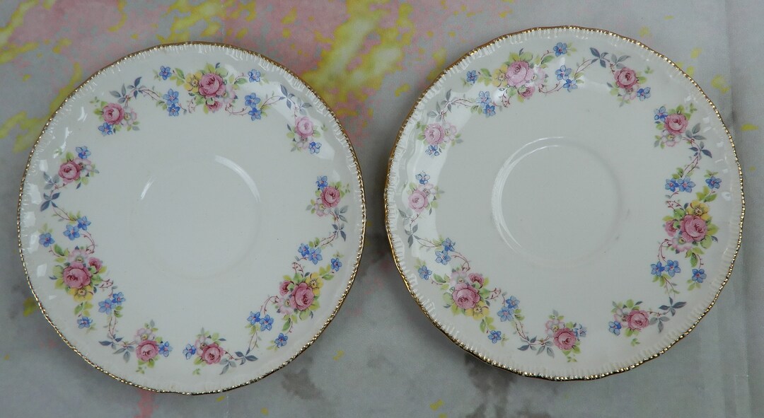 Lot of 2 Pope Gosser Flora Bell Pink Roses Scalloped Gold Edge Saucers ...