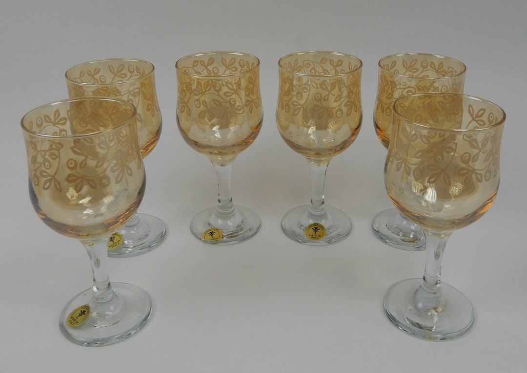 Set of 6 Cristalleria Fumo Handmade Italian Wine Gold Color Glass ...
