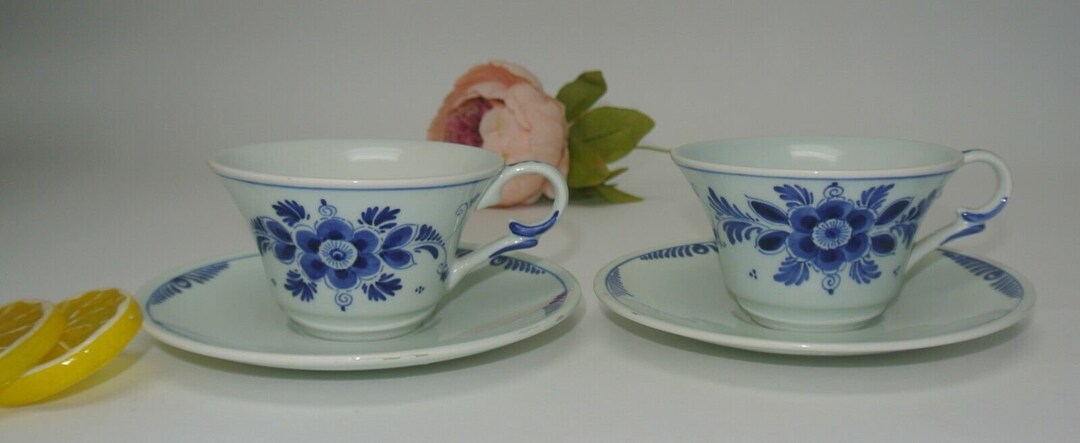 Set of 2 Blue Delfts Holland Hand Painted Cups and Saucers Flowers ...