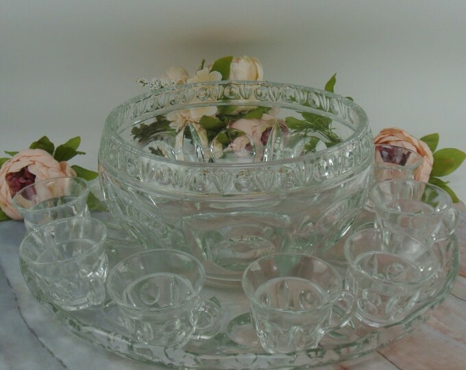 Heavy Crystal Glass Large Punch Bowl With Underplate With 7 Punch Cups ...