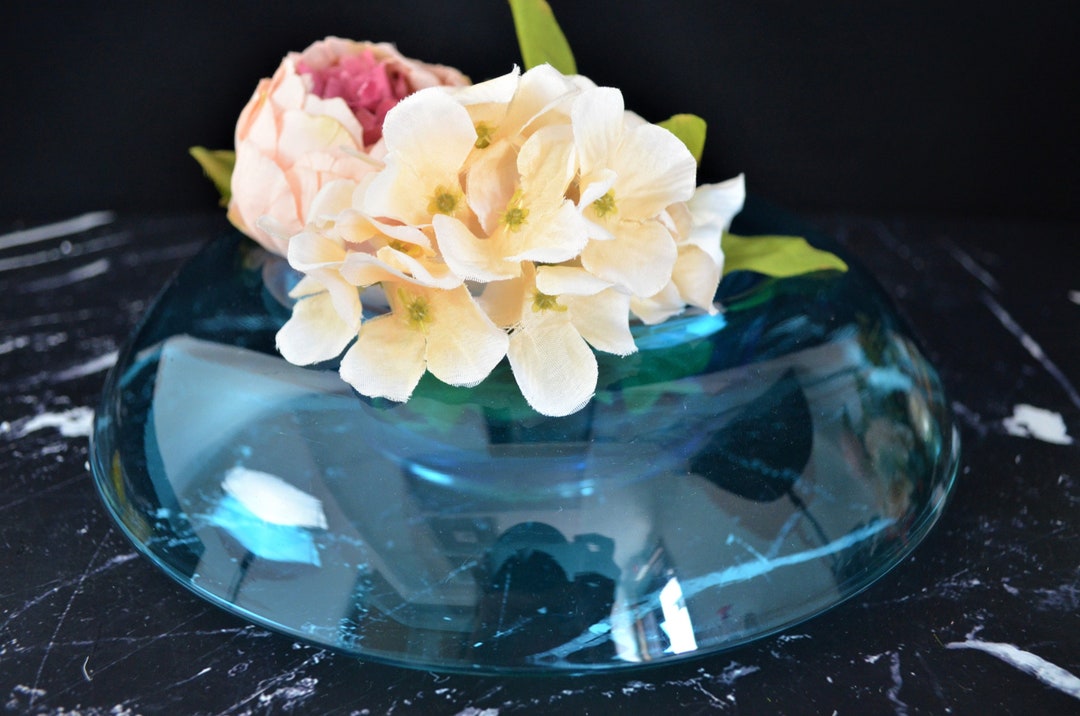 Light Blue Clear Glass Rolled Edge Console Bowl, Vintage Mid-cenutry ...
