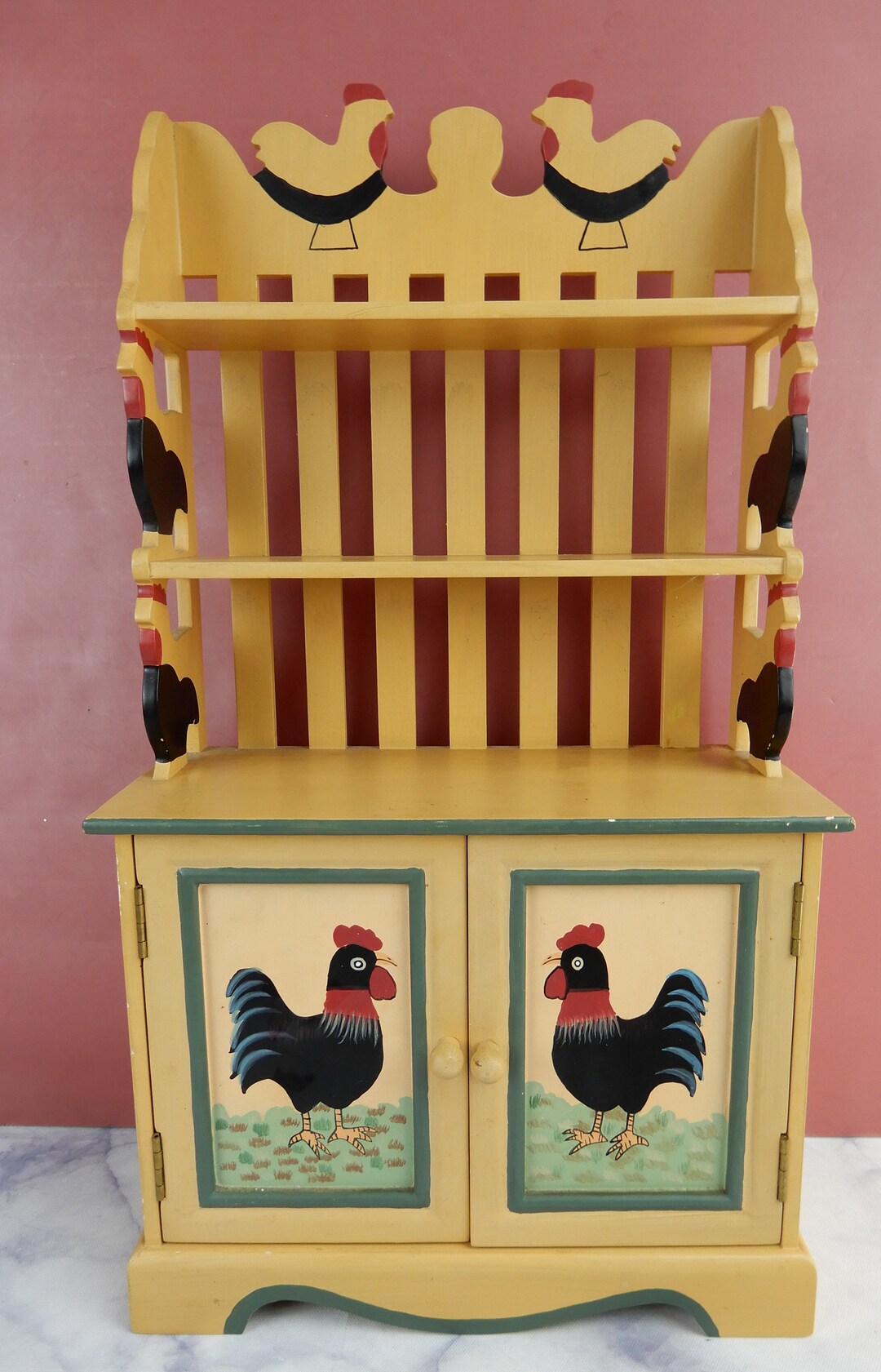 Vintage Small Wood Toy Plate Rack With 2 Shelves,2 Doors Hand Painted W ...