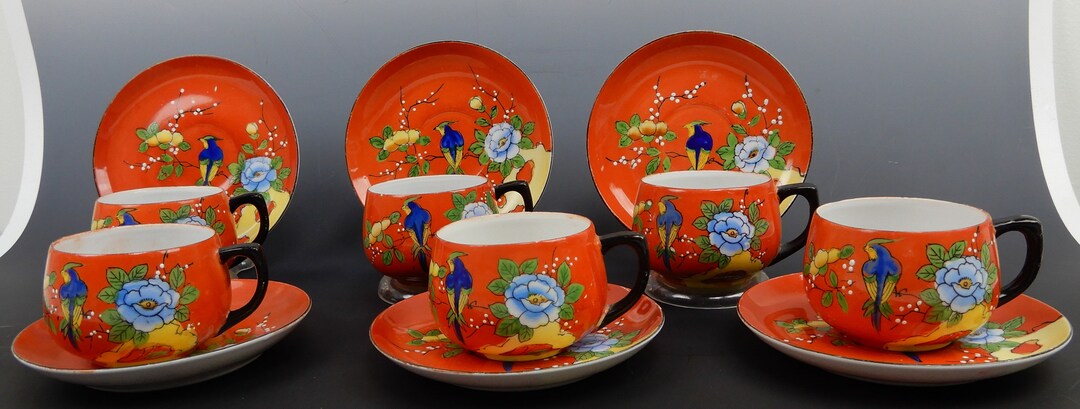 Set of 6 Chikaramachi Japan Hand Painted Bird Asian Florals Cup and ...