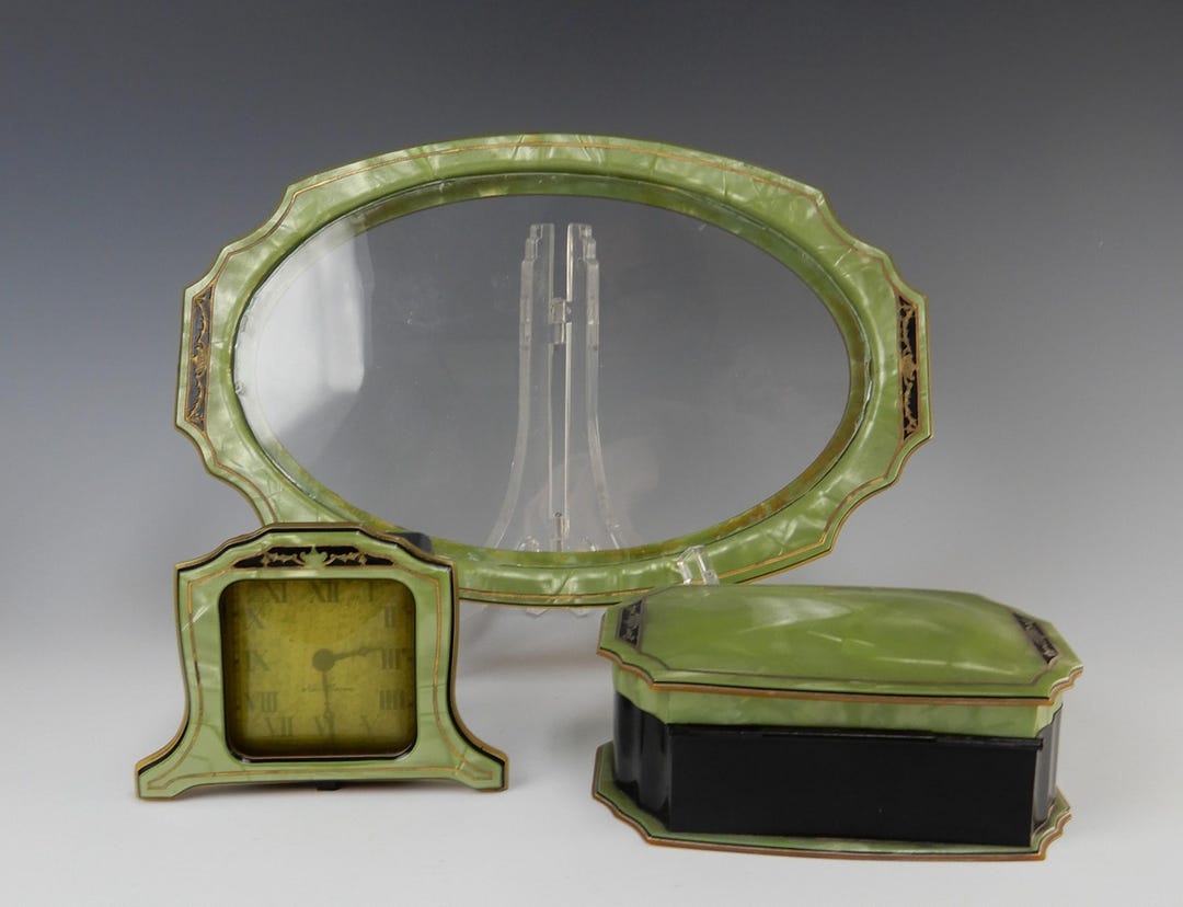 1920 Jade Green Marbelized Pyralin Sheraton Art Deco Dresser Set as is ...