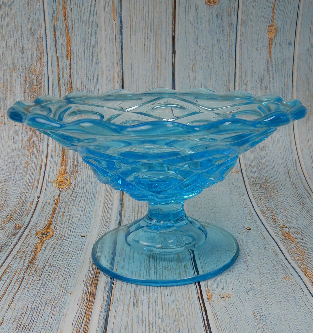 Vtg Mcm Viking Blue Diamond Thumbprint Glass Footed Ruffled Compote - Etsy
